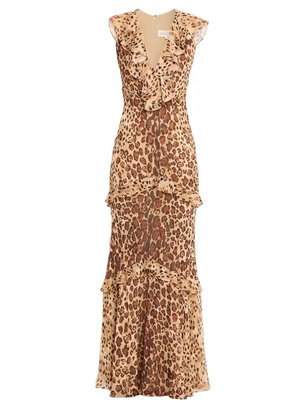Saloni Rita Leopard Chiffon Maxi Dress - Cheetah Pl