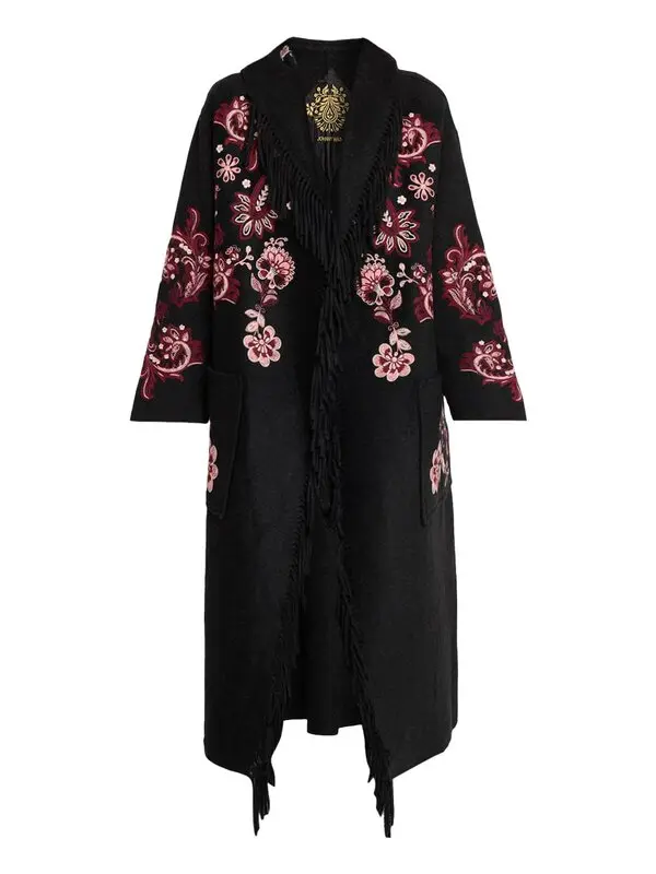 Johnny Was Floral-embroidered Fringed Coat - Charcoal