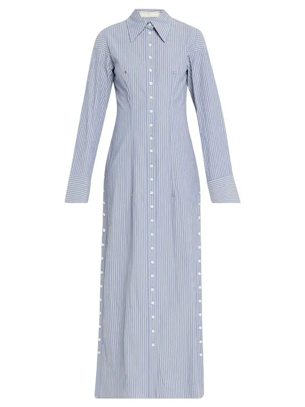 JANE WADE Long Pinstripe Button-front Shirtdress - Washed Blu