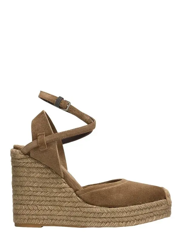Brunello Cucinelli 80mm Monili Suede Espadrille Wedge Sandals - Brown