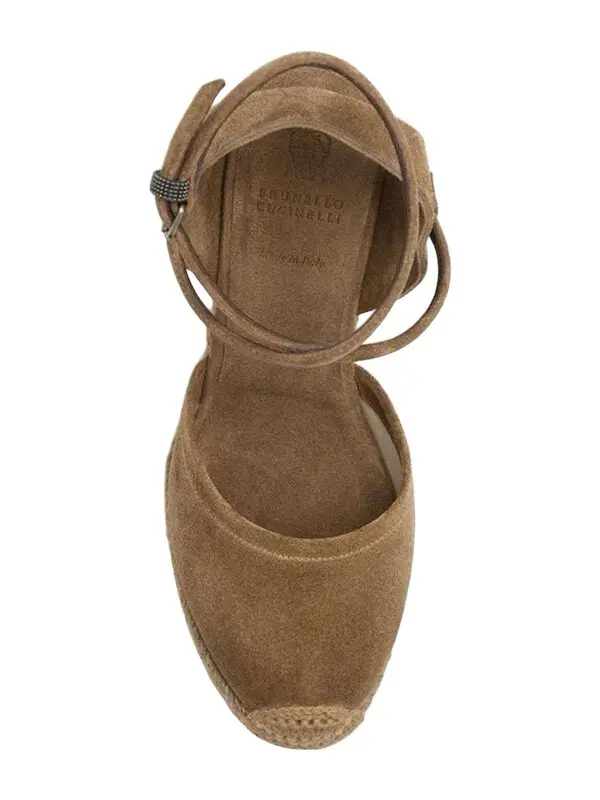 Brunello Cucinelli 80mm Monili Suede Espadrille Wedge Sandals - Brown