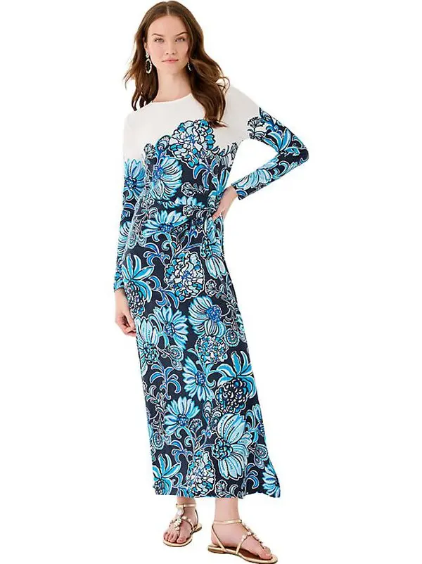 Lilly Pulitzer® Nyla Long Sleeve Maxi Dress - Low Tide Navy Juicy Story Engineered Maxi