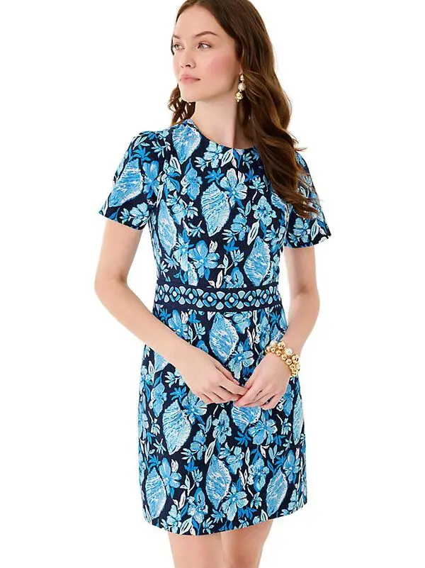 Lilly Pulitzer Brynne Stretch Shift Dress - Low Tide Navy Seashell Splendor Engineered Woven Shift