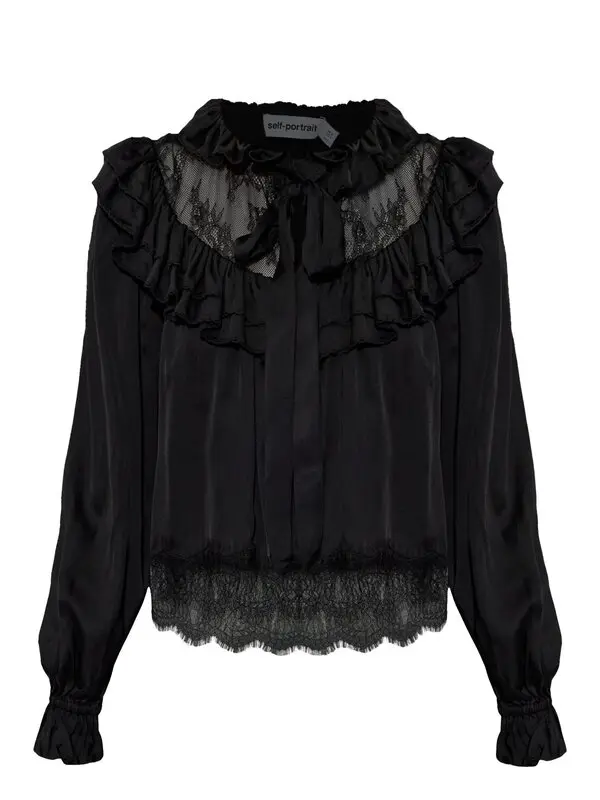 SELF-PORTRAIT Lace Trimmed Shirt - Black