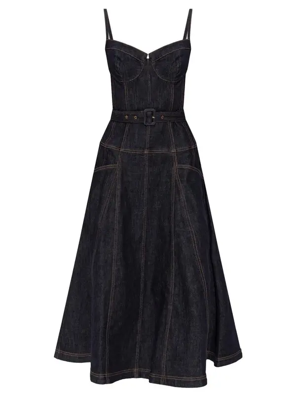 SELF-PORTRAIT Strappy Denim Midi Dress - Navy Blue