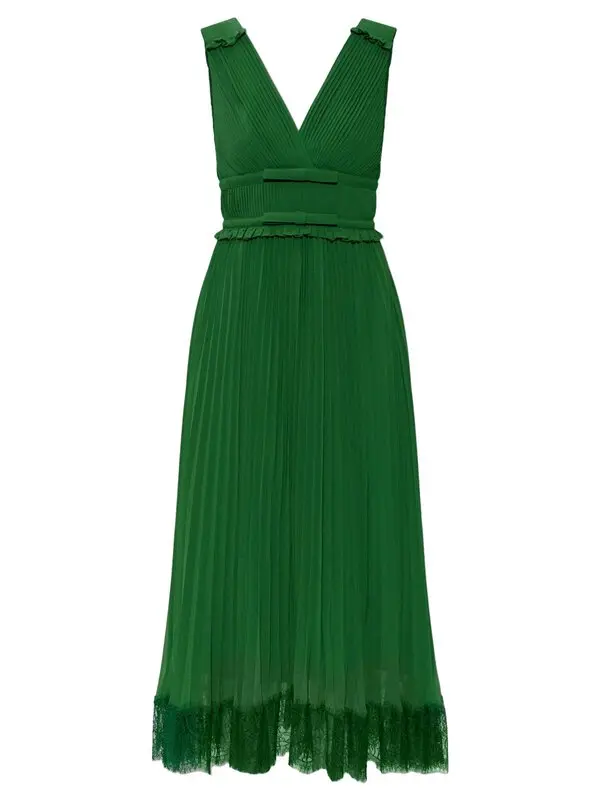 SELF-PORTRAIT Pleated Midi Dress With Lace Trim - Green
