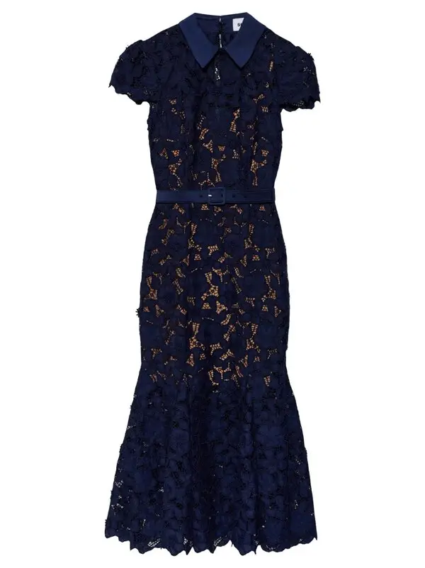 SELF-PORTRAIT Openwork Lace Midi Dress - Navy Blue