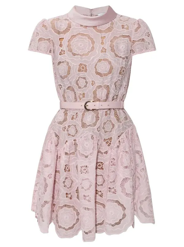 SELF-PORTRAIT Lace Turtleneck Mini Dress With Belt - Pink
