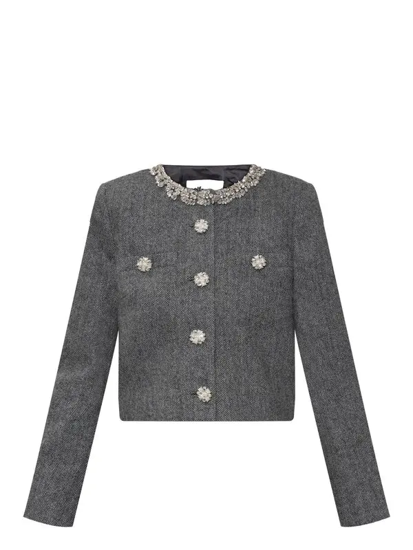 SELF-PORTRAIT Herringbone Blazer With Crystal Embellishments - Grey