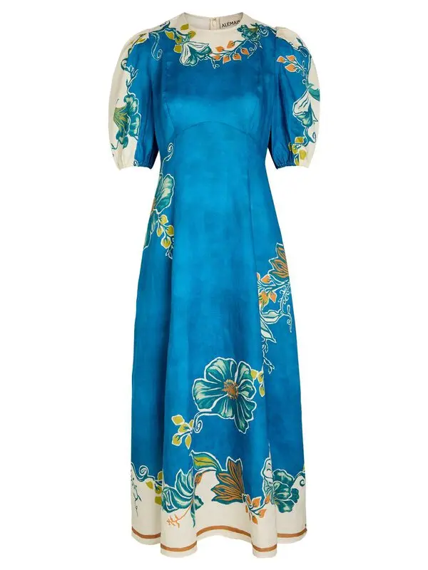 ALEMAIS Printed Linen Midi Dress - Blue
