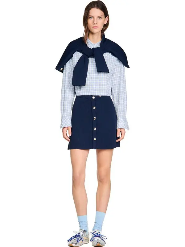 Sandro Mini Ribbed Skirt With Press Studs - Navy Blue