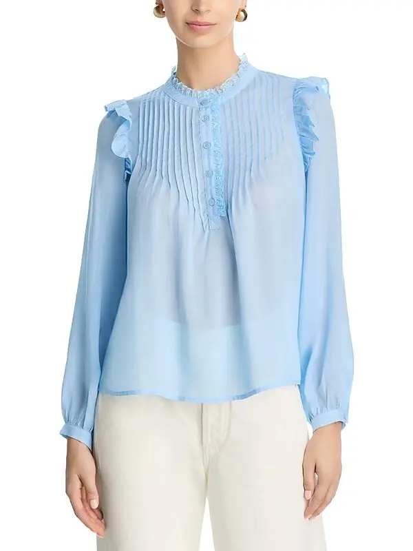 Aqua Ruffle Lace Trim Blouse - Sky Blue
