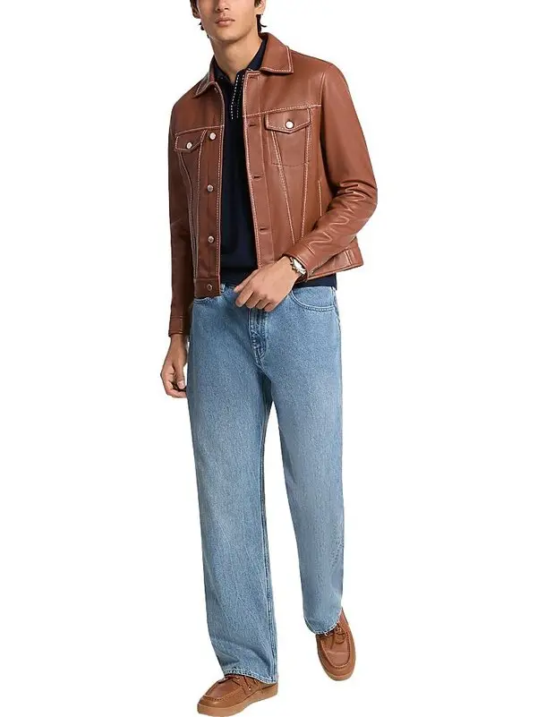 Michael Kors Contrast Stitch Leather Trucker Jacket - Luggage