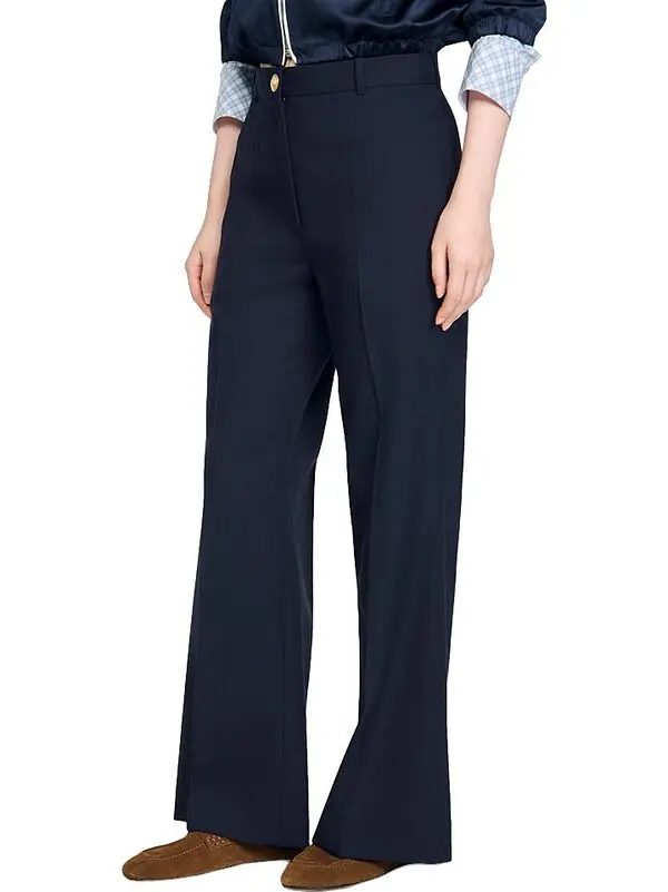 Sandro Lionel Straight Wide Leg Wool Blend Trousers - Navy Blue