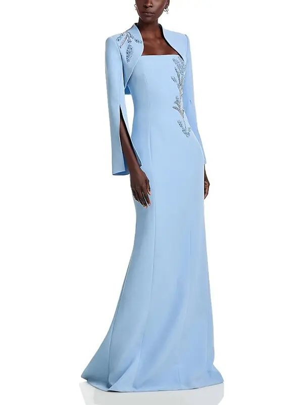 Rickie Freeman For Teri Jon Crepe Bead Trim Bolero & Strapless Gown - Powder Blue