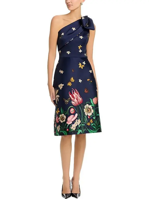 Rickie Freeman For Teri Jon Mikado Floral Butterfly One Shoulder Dress - Navy Multi