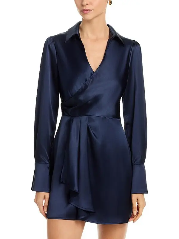 Aqua Long Sleeve Satin Wrap Mini Dress - Navy