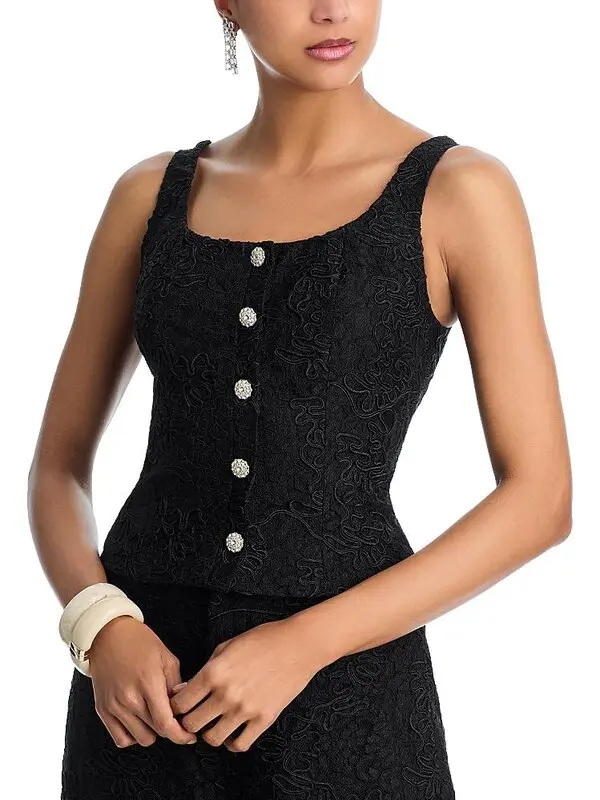 Aqua Soutache Cord Sleeveless Lace Top - Black