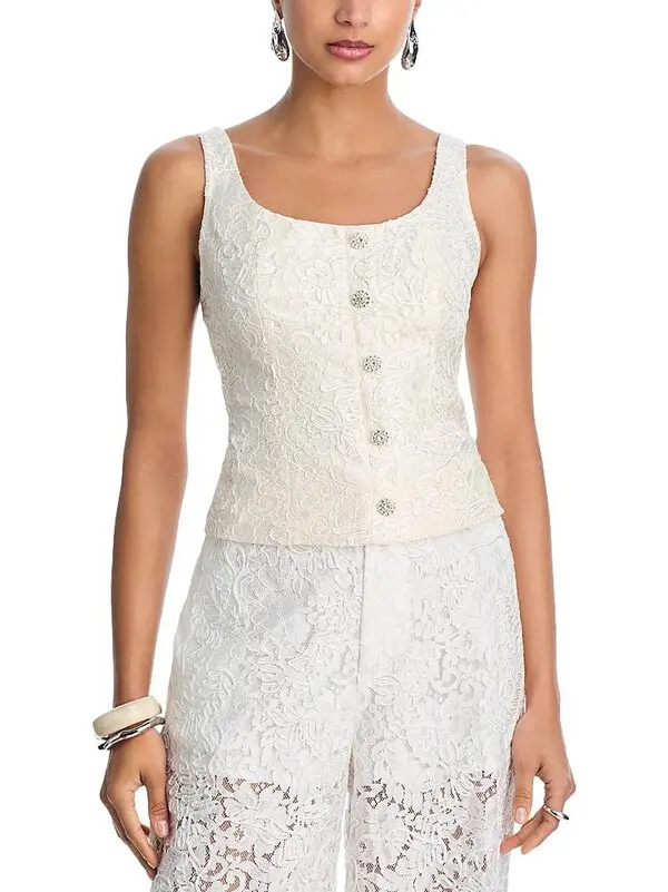 Aqua Soutache Cord Sleeveless Lace Top - Ivory