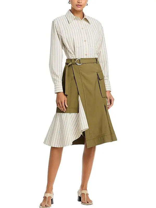 3.1 Phillip Lim Long Sleeve Combo Shirt Dress With Flounce - Caper Cream Multi
