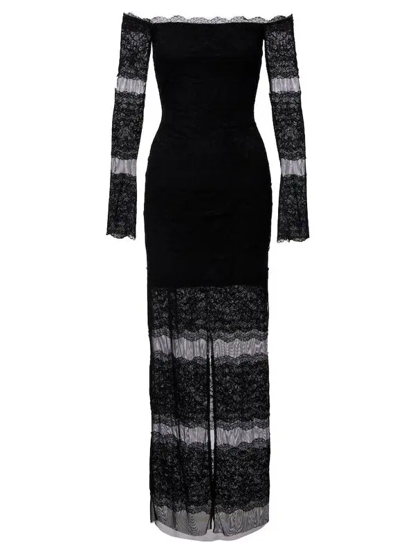 Blumarine Off-shoulder Lace & Tulle Maxi Dress - Black