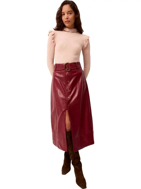 MARIE OLIVER Chelsea A-line Vegan Leather Midi Skirt - Brick
