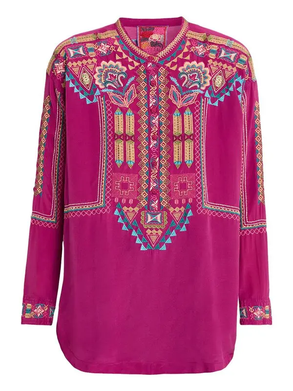 Johnny Was Selina Embroidered Silk Tunic - Magenta Pu
