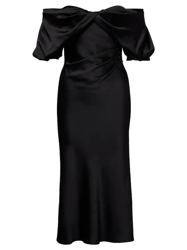 Alexander McQueen Draped Off-shoulder Satin Midi Dress - Black