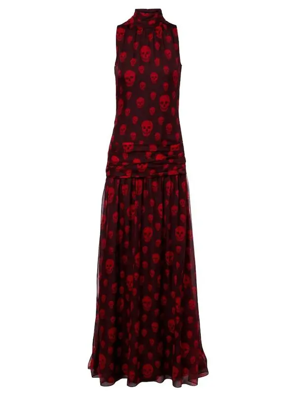 Alexander McQueen Skull Printed Silk Maxi Dress - Red
