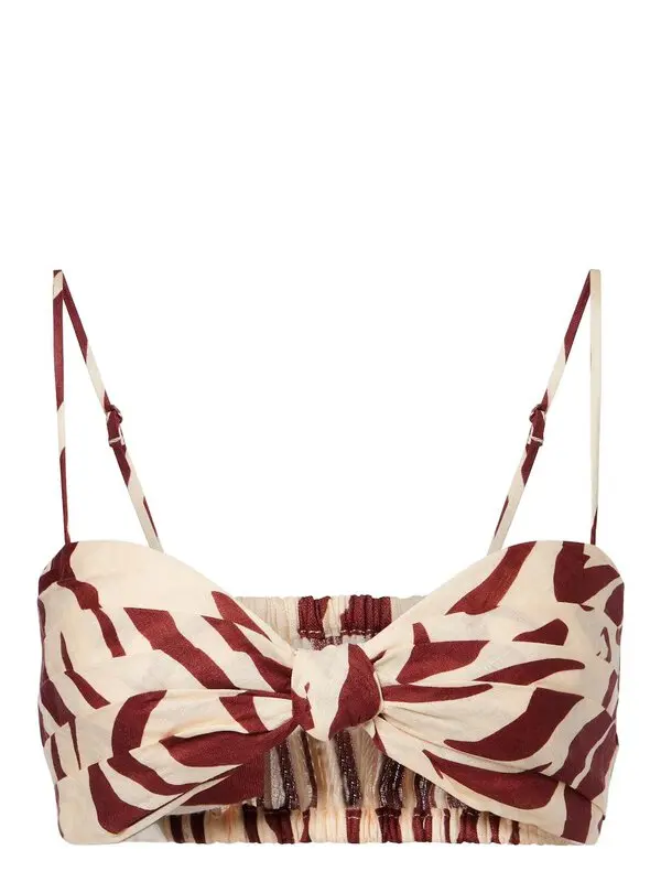 Johanna Ortiz Pleated Printed Linen Bra Top - Beige