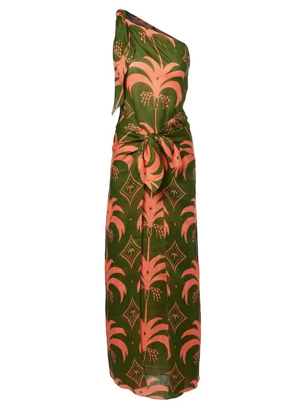 Johanna Ortiz Asymmetric Printed Linen Maxi Dress - Green