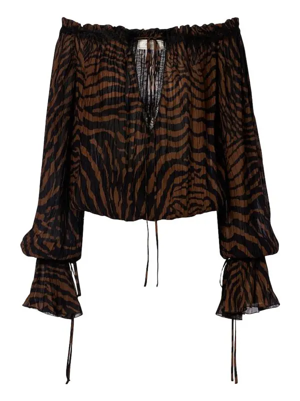 Blumarine Zebra-print Chiffon Top With Lace Trim - Brown
