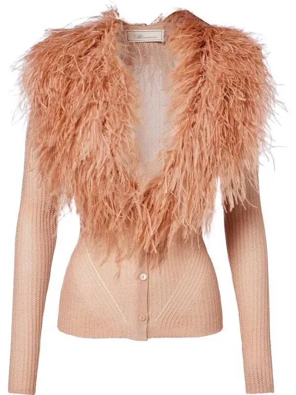 Blumarine Feather-trimmed Ribbed-knit Cardigan - Pink