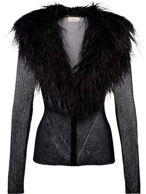 Blumarine Feather-trimmed Ribbed-knit Cardigan - Black