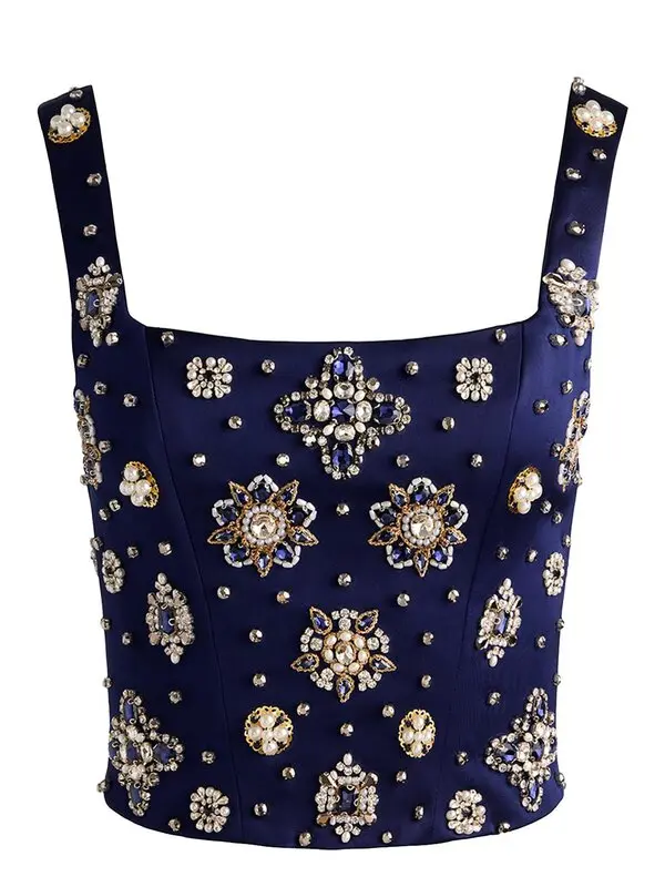 Alice + Olivia Lilianna Embellished Satin Corset Top - Midnight B