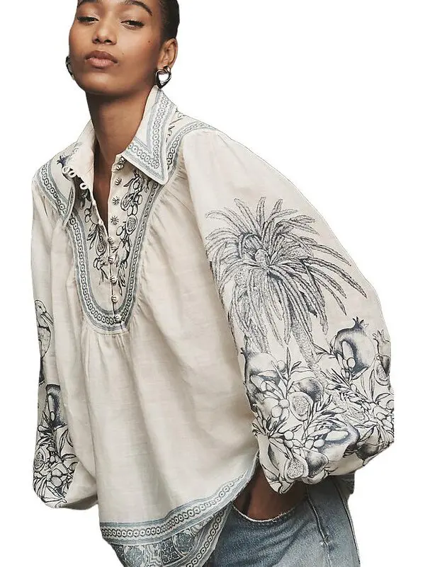 ALEMAIS Villa Romantica Long-sleeve Linen Blouse - Ivory Pattern