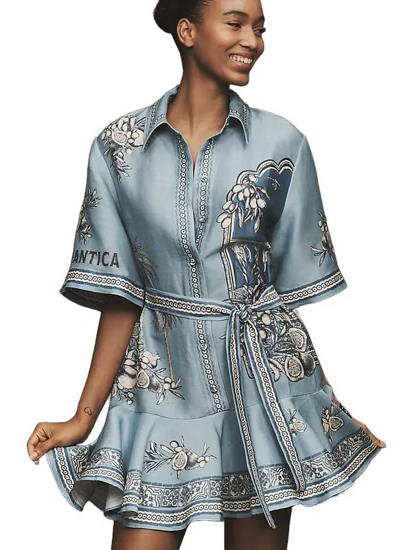 ALEMAIS Villa Romantica Linen Blend Mini Shirt Dress - Blue Pattern