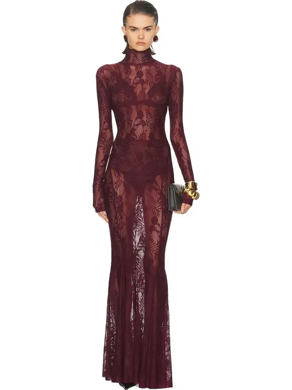 Norma Kamali Long Sleeve Turtleneck Fishtail Gown - Plum