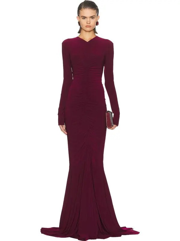 Norma Kamali Long Sleeve Shirred Fishtail Gown - Plum