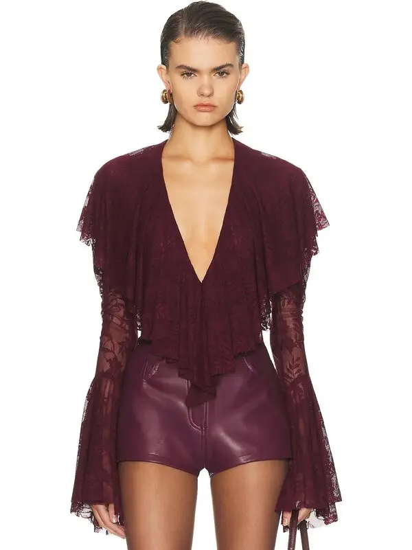 Norma Kamali Long Sleeve Deep V Ruffle Bodysuit - Plum
