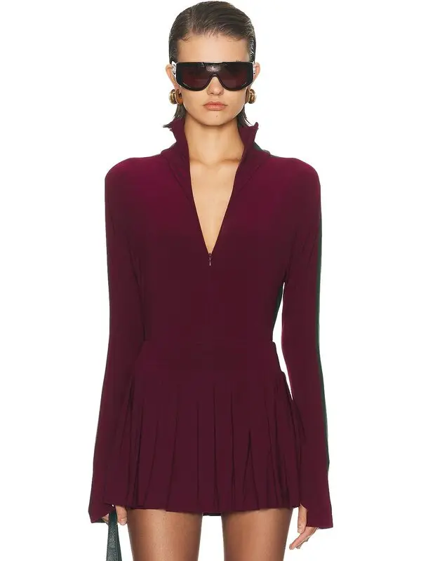 Norma Kamali Side Stripe Zip Front Long Sleeve Turtleneck Bodysuit - Plum & Dark Emerald