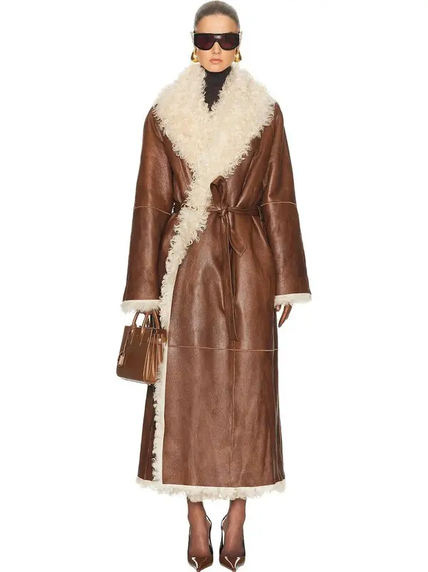 Magda Butrym Long Belted Reversible Shearling Coat - Brown