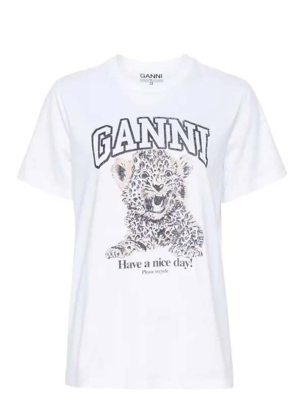 GANNI Leopard Organic Cotton T-shirt - White