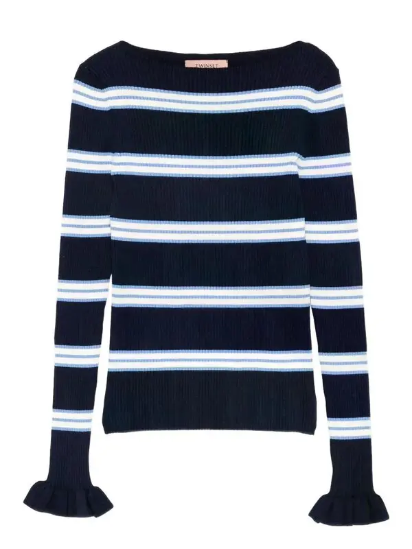 TWINSET Striped Ruffled Knit Top - Blue