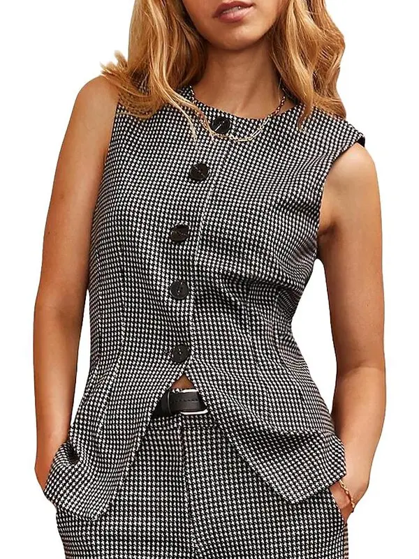 RO & ZO Houndstooth Waistcoat With Round Neck - Grey