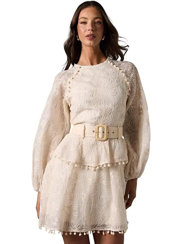 Coast Long Sleeve Tiered Skirt Belted Dress - Cream
