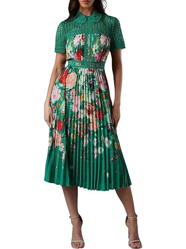 Coast Lisa Tan Lace Pleated Printed Midi Dress - Green