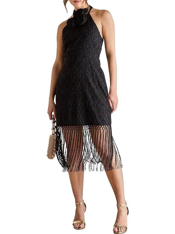 Coast Broderie Embellished Fringe Halter Dress - Black