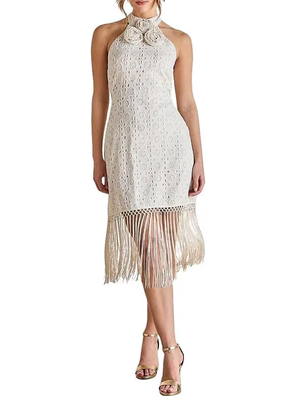 Coast Broderie Embellished Fringe Halter Dress - White