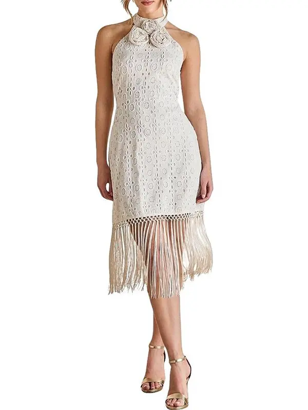 Coast Broderie Embellished Fringe Halter Dress - White